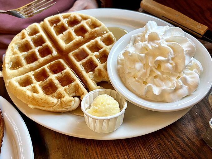 This waffle isn't just breakfast, it's architecture &ndash; a golden grid of perfection with a cloud of whipped cream that's practically begging for a maple syrup rainfall.