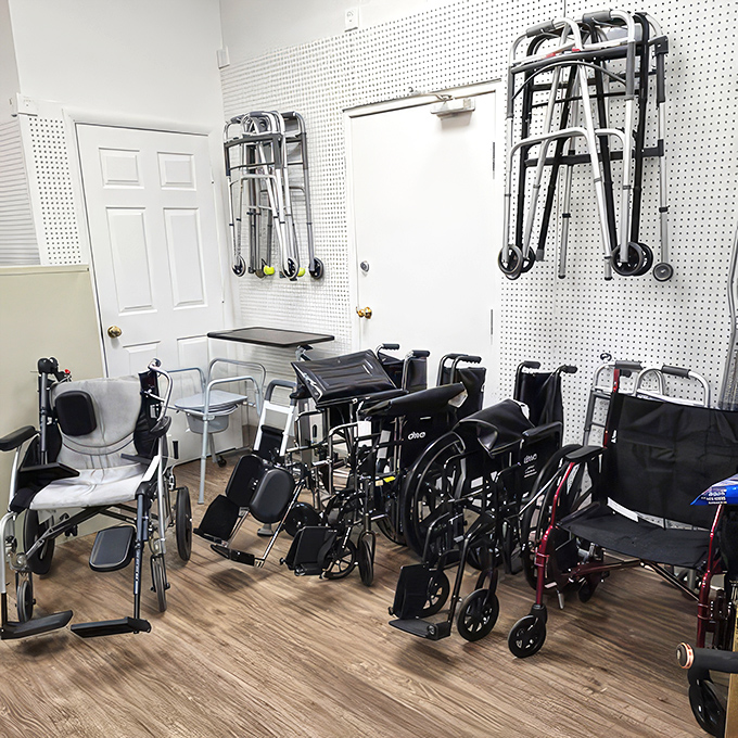 The mobility section offers dignity and independence at accessible prices, a mission as important as the treasures surrounding it.