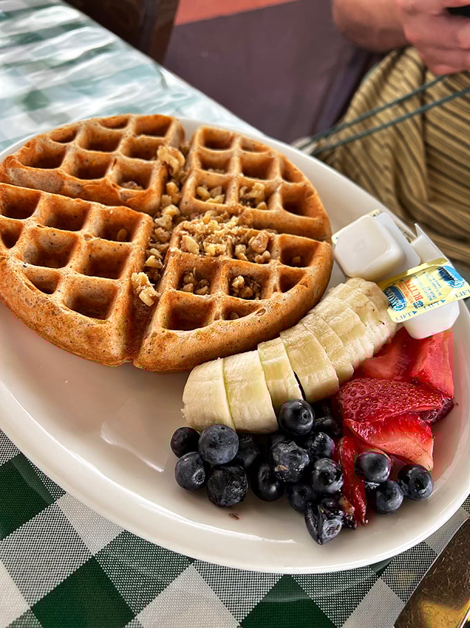 This whole grain waffle doesn't need a pardon&mdash;the fresh fruit lineup and walnut topping make it a righteous breakfast choice.