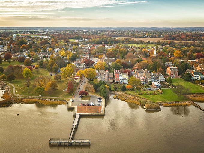 From above, New Castle reveals its perfect marriage of colonial grid and riverside charm, like a living diorama of early American ambition.