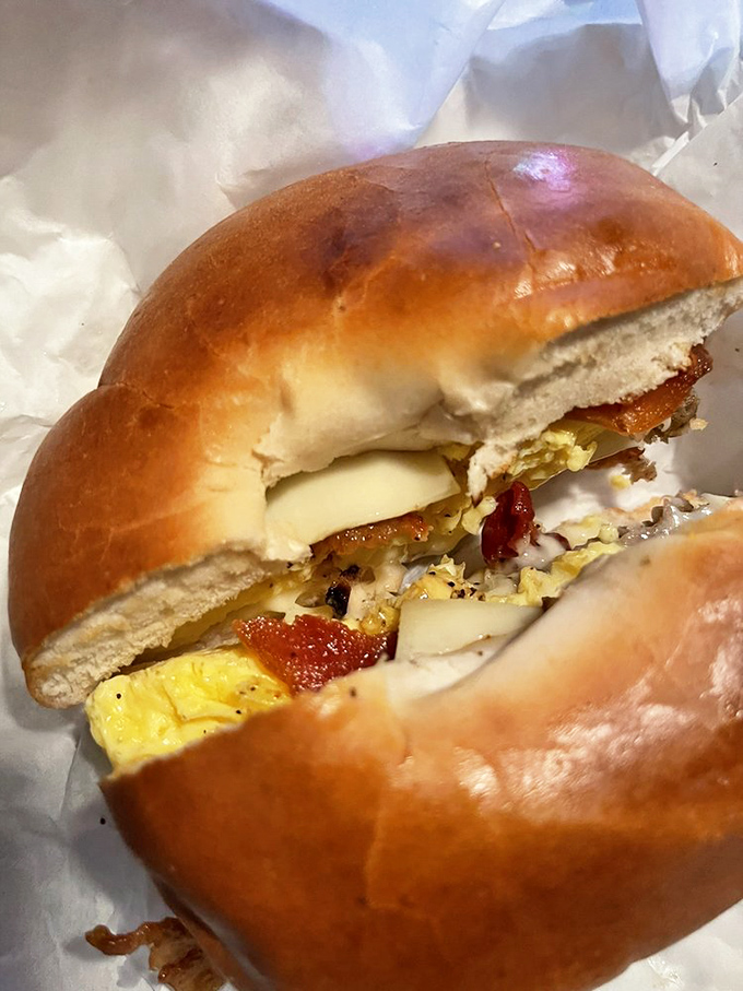 Look at that cross-section! Like a geology sample of breakfast perfection - layers of egg, cheese and bacon in perfect harmony.