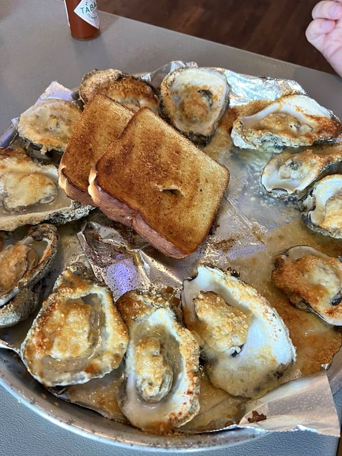 Baked oysters surrounding toast like planets orbiting the sun&mdash;a solar system of flavors I'd happily get lost in.