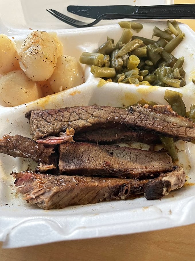 These slices of brisket with potatoes and green beans present the kind of honest meal that makes you wonder why anyone bothers with molecular gastronomy.