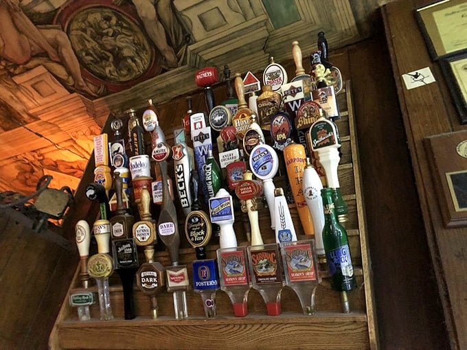 A forest of tap handles tells stories of craft brewers and old standbys, each one a chapter in America's beer biography.