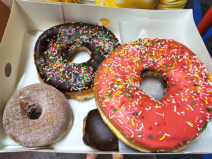 The sprinkle-to-donut ratio here deserves a Nobel Prize. Each one is like edible confetti celebrating the fact you made it to Randy's.