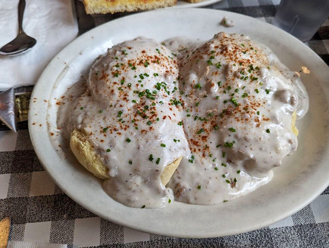 Biscuits swimming in creamy gravy &ndash; the breakfast equivalent of a warm hug after you've had a rough night or just really love yourself. 