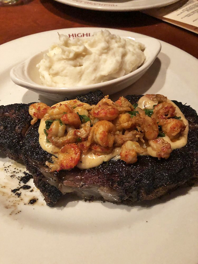 Blackened prime rib topped with crawfish&mdash;because sometimes heaven needs a little spice. The mashed potatoes are just the supporting actor in this meaty drama.
