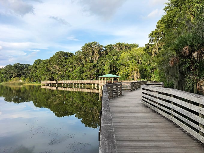 This boardwalk doesn't need carnival games or cotton candy&mdash;the Spanish moss and mirror-like water provide all the entertainment you need.