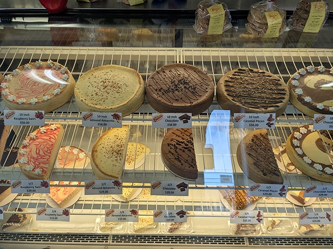 Freshly baked cheesecakes lined up like contestants in a beauty pageant. Each one deserves the crown for different reasons. 