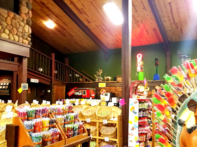 A candy lover's paradise where vibrant lollipops and colorful treats create a kaleidoscope of sugar-fueled possibilities. The wooden ceiling adds rustic charm to this sweet wonderland.