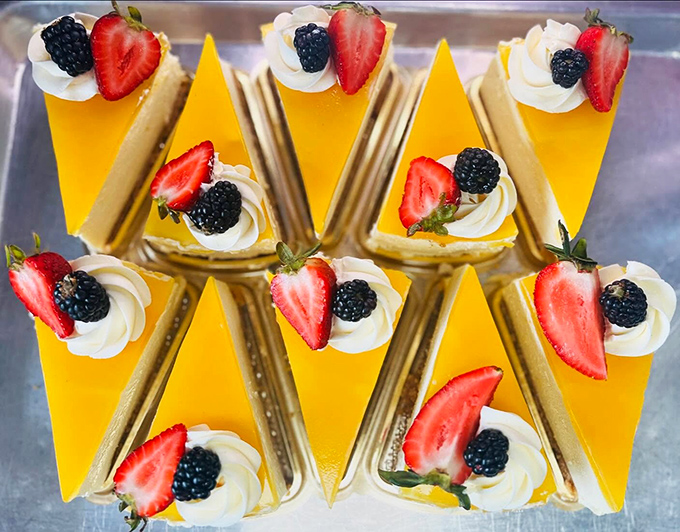 These mango cheesecake triangles aren't just desserts, they're geometric works of art that somehow taste even better than they look.