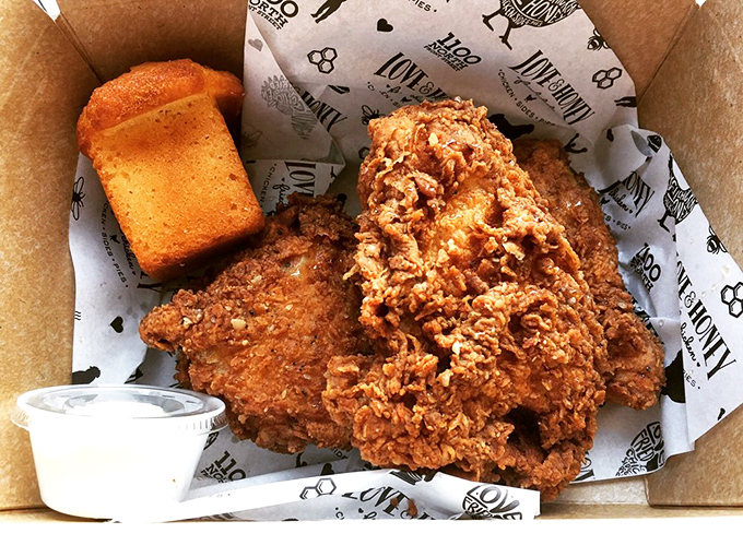Cornbread that could make a Southerner homesick alongside chicken so perfectly fried it deserves its own Instagram account.