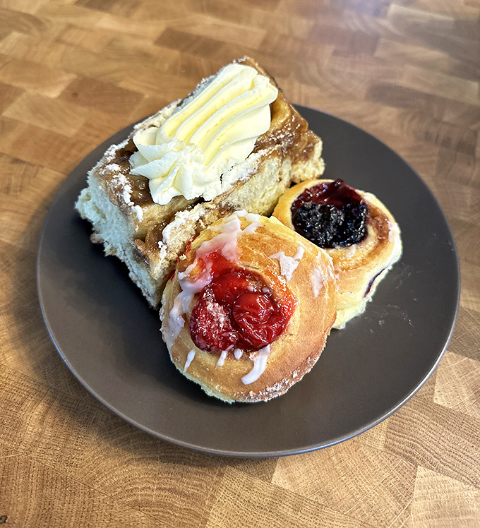 The perfect plate pairing &ndash; a buttercake topped with cream alongside fruit-filled Danish pastries creates the breakfast of champions (or anyone with taste buds).