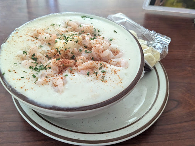 The crown jewel: chowder topped with tender bay shrimp. It's like the ocean decided to send its very best representatives to your table.