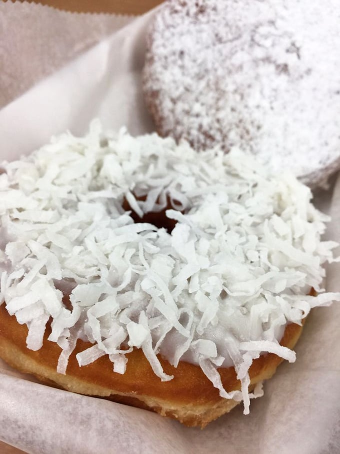 The coconut donut doesn't whisper its presence&mdash;it announces itself with a blizzard of sweet shreds. That powdered sugar companion looks equally ready for its close-up.