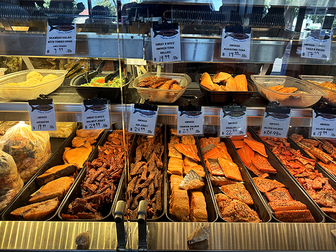 A seafood case that would make Neptune himself nod in approval. Fresh catches displayed with the pride of fishermen who know their craft.