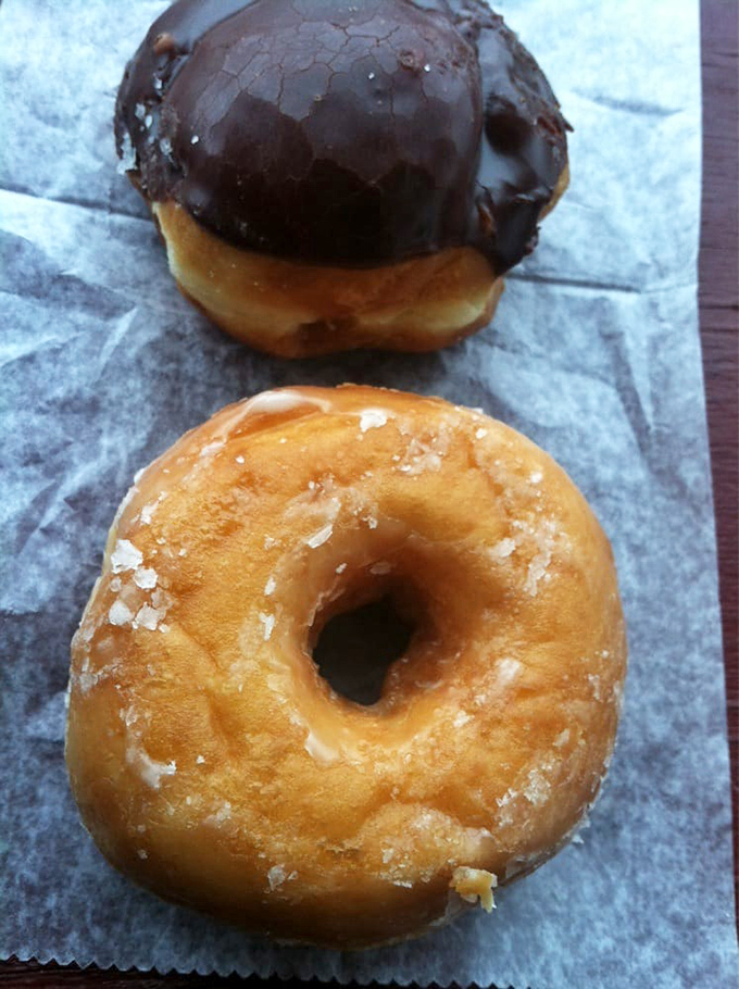 The classic duo: glazed and chocolate-topped. Like Batman and Robin of the pastry world, fighting the crime of breakfast boredom one bite at a time.
