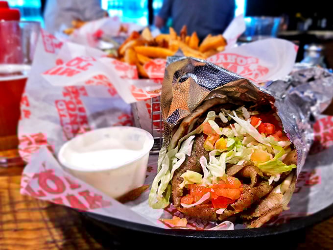 Behold the perfect gyro in its natural habitat&mdash;overflowing with meat, veggies, and promise, like a sleeping bag stuffed with deliciousness.