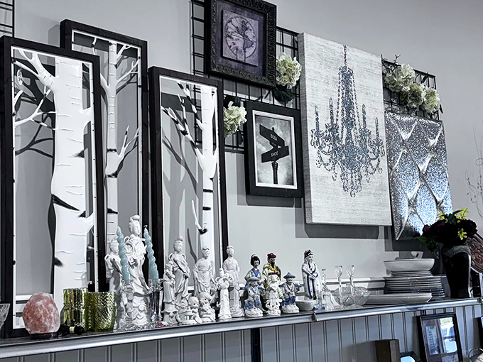 Wall art and figurines create a curated gallery where someone else's discarded decor becomes your conversation piece&mdash;Marie Kondo's loss is your gain.