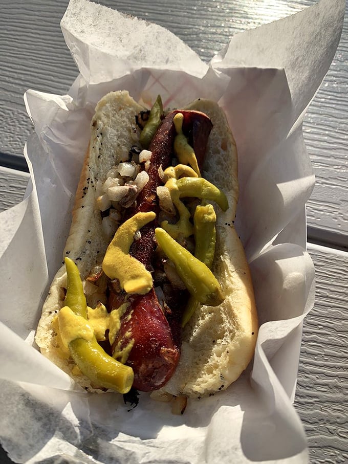 Chicago Dog perfection: The sport peppers and neon relish create that authentic Windy City experience without the parking tickets.