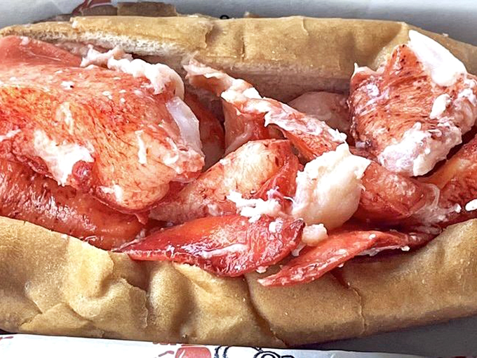 Close-up food pornography at its finest—chunks of lobster meat so plump they're practically winking at you. The toasted bun barely contains its treasures.