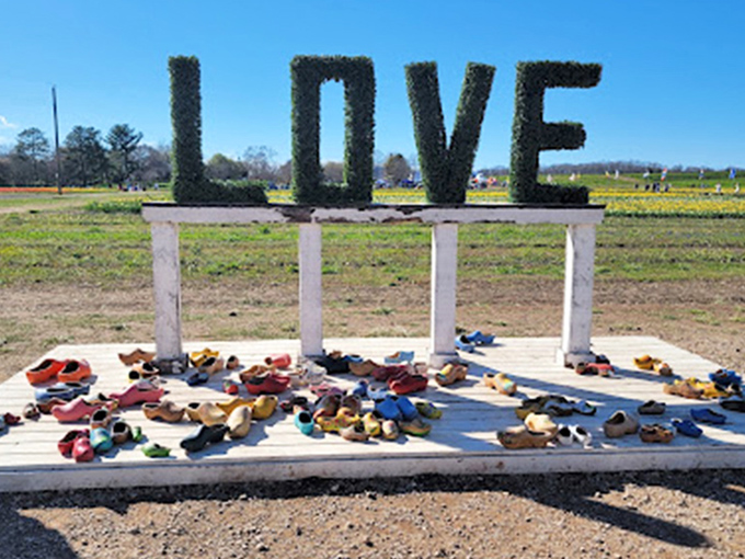 Wooden clogs surround a "LOVE" display&mdash;proof that even footwear can find romance at Burnside Farms. A photo spot made for social media.