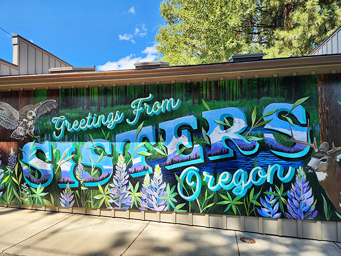 Street art that actually makes you want to send a postcard! This vibrant "Greetings from Sisters" mural captures the town's wildlife and wildflowers in one frame-worthy spot.