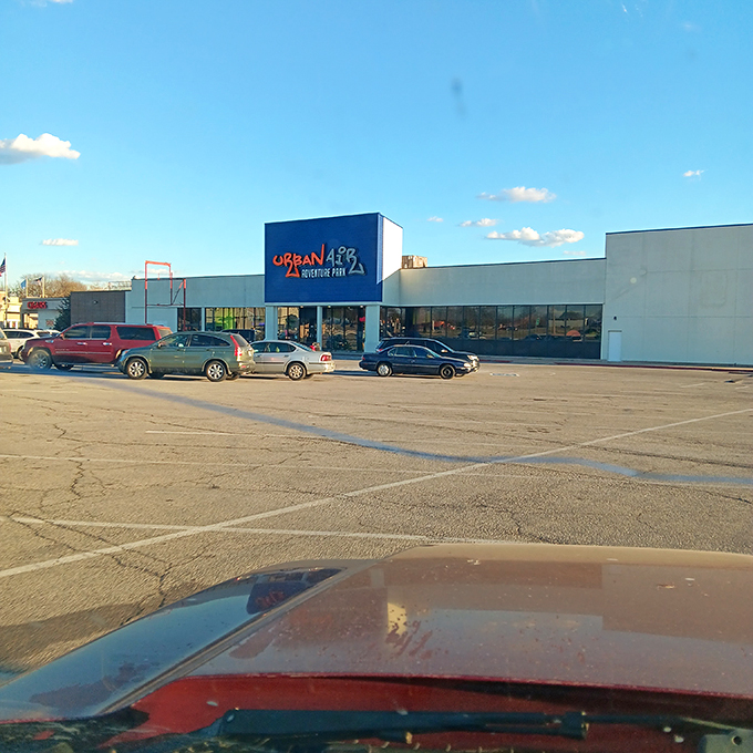 From the parking lot, Urban Air's blue signage beckons like an oasis of fun in Tulsa's retail landscape.