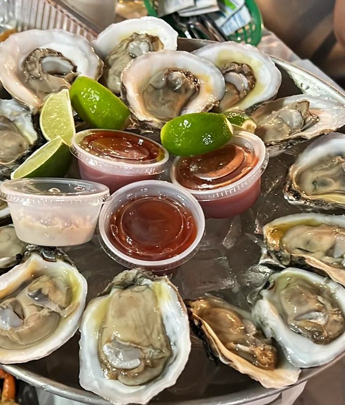 A dozen glistening oysters arranged like a clock face. Time stops when seafood is this good, even a thousand miles from the coast.