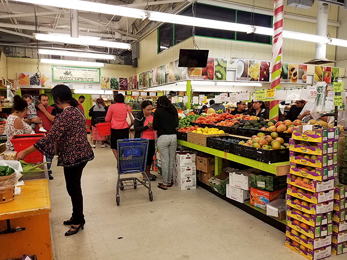 Weekend warriors navigate the produce section with the focus of seasoned professionals. The universal dance of the farmers market shuffle.