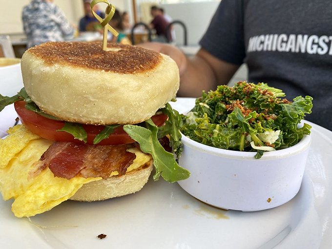 The breakfast sandwich here makes other sandwiches look like they're not even trying&mdash;a perfect marriage of English muffin, egg, bacon, and greens that deserves its own thank-you note.