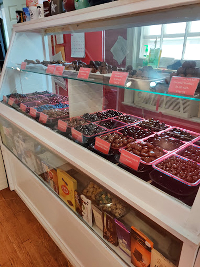 Truffles, clusters, and chocolate-covered delights organized with military precision. This is what chocolate heaven's pantry must look like.