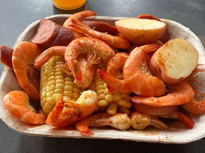 Lowcountry boil done right&mdash;where the shrimp, sausage, corn, and potatoes have clearly been introduced and become best friends.