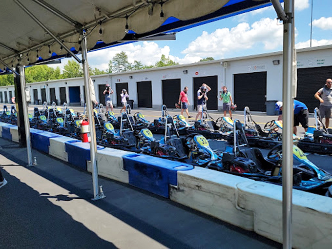 Blue and black karts stand at attention like obedient racehorses, each waiting for their chance to thunder around the track.