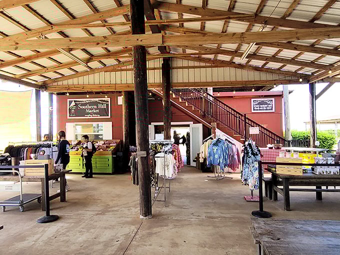 The rustic farm market feels like stepping into a nostalgic country postcard, complete with wooden beams and homespun charm.