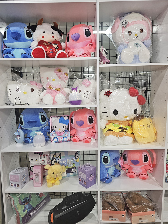 Plush paradise! Stitch, Hello Kitty, and friends patiently wait for someone to rescue them from their retail purgatory.