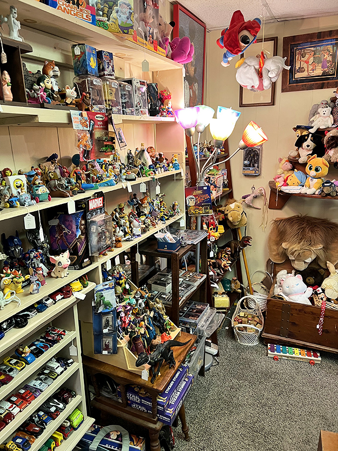 A toy collector's fever dream where childhood heroes stand at attention. Mickey rubs shoulders with superheroes in this plastic pantheon of nostalgia.