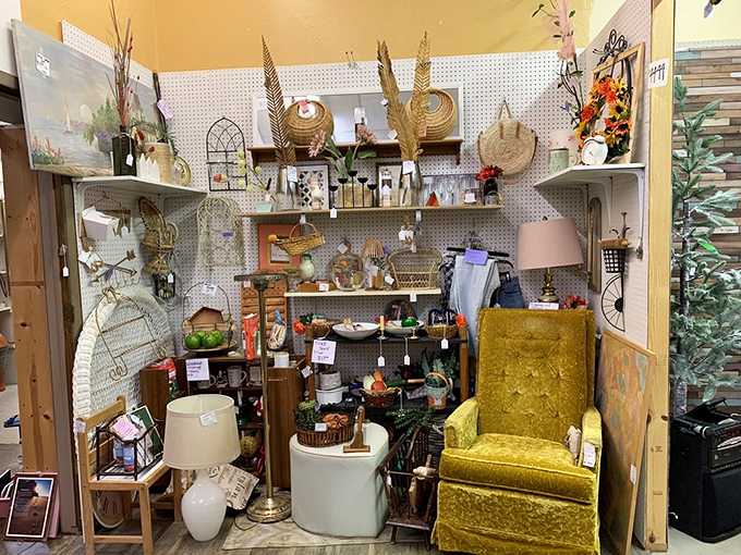 A cozy corner vignette where that burgundy armchair looks suspiciously like the one in my grandmother's living room circa 1972.