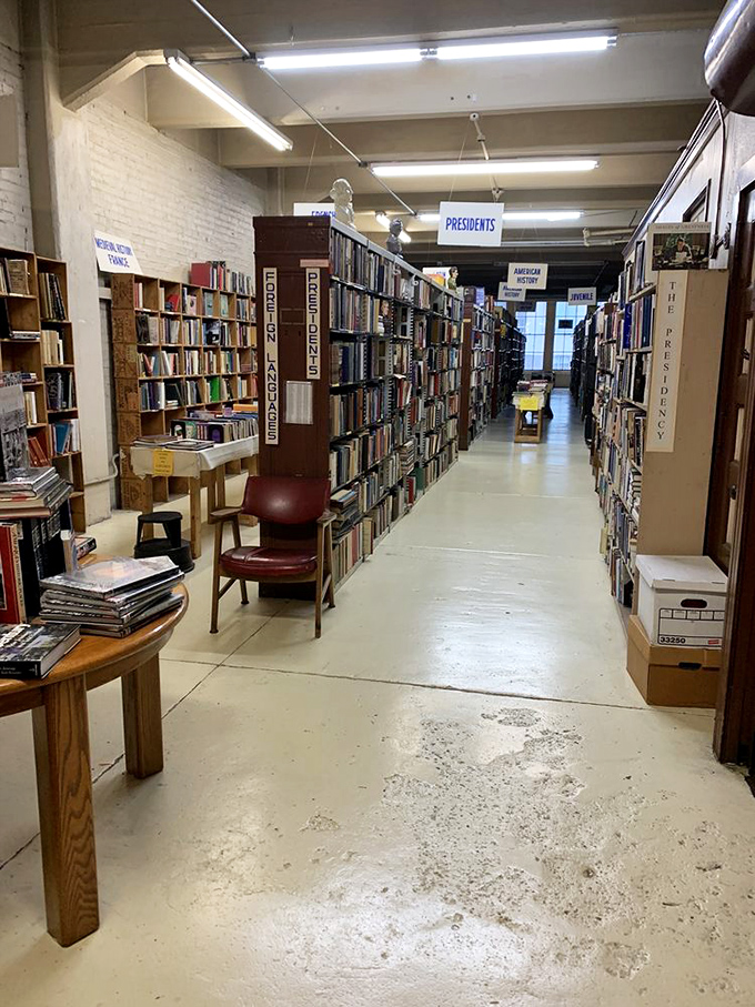 Presidential biographies neighbor obscure historical texts&mdash;democracy in action where every book gets equal shelf space regardless of popularity.