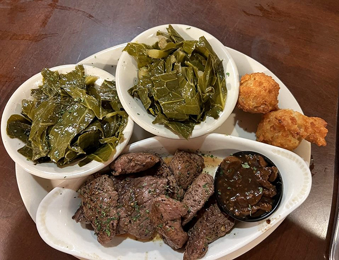 Venison medallions and collard greens &ndash; the Florida backwoods on a plate. This isn't your uncle's tough deer meat; it's wilderness transformed into tenderness.