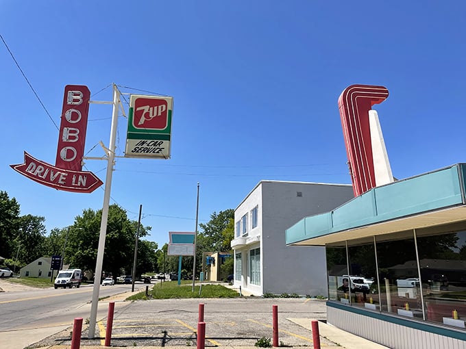 Bobo's vintage sign stands like a sentinel guarding the sacred recipes of drive-in culture past.