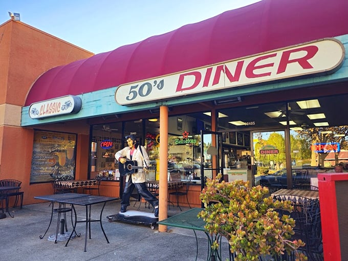 Classic 50's Diner: Elvis stands guard outside, promising burgers worthy of The King himself. Inside, calories don't count and diet culture doesn't exist.