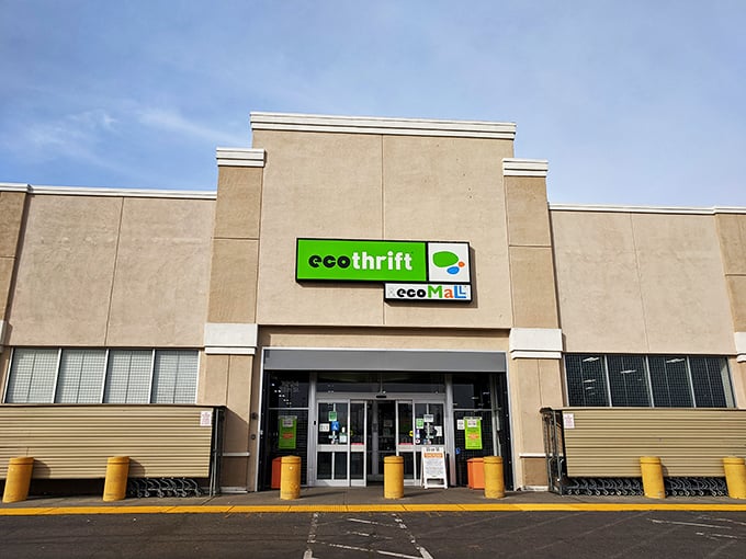 Eco Thrift's lime green signage stands out like a beacon of sustainable shopping in a sea of retail sameness.