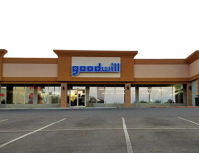 Goodwill's iconic blue signage&mdash;the universal symbol for "your perfect vintage find awaits inside."