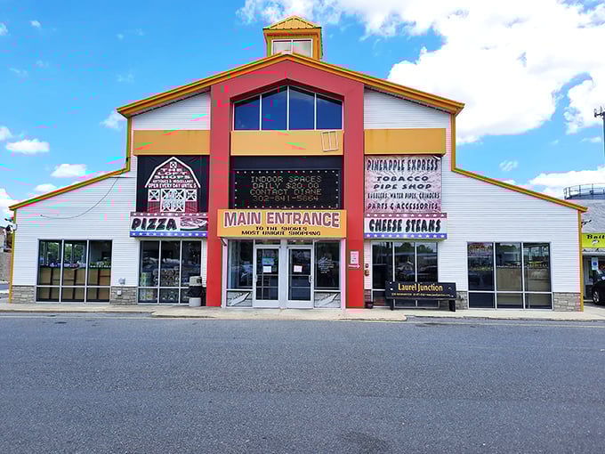 Laurel Junction's vibrant facade – architectural proof that shopping destinations don't need to be subtle to be spectacular.