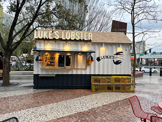 Luke's Lobster shack stands like a Maine postcard dropped into Vegas&mdash;a wooden time machine to New England's rocky shores.