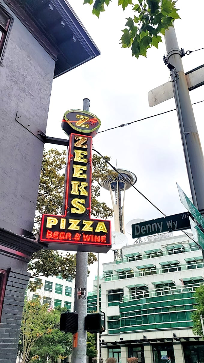 Seattle's perfect pairing&mdash;legendary pizza with the Space Needle photobombing in the background. Tourist-approved, local-beloved.