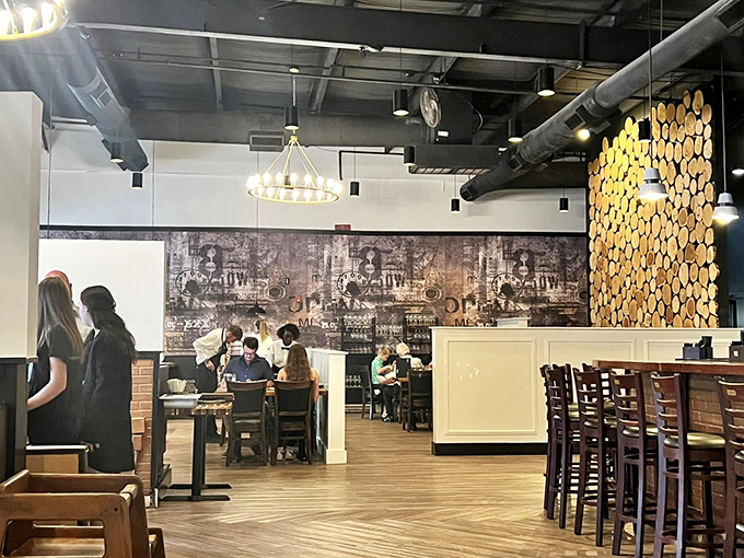 Industrial-chic meets warm hospitality inside Cork & Cleaver. The exposed ceiling and vintage decor create the perfect steak backdrop.