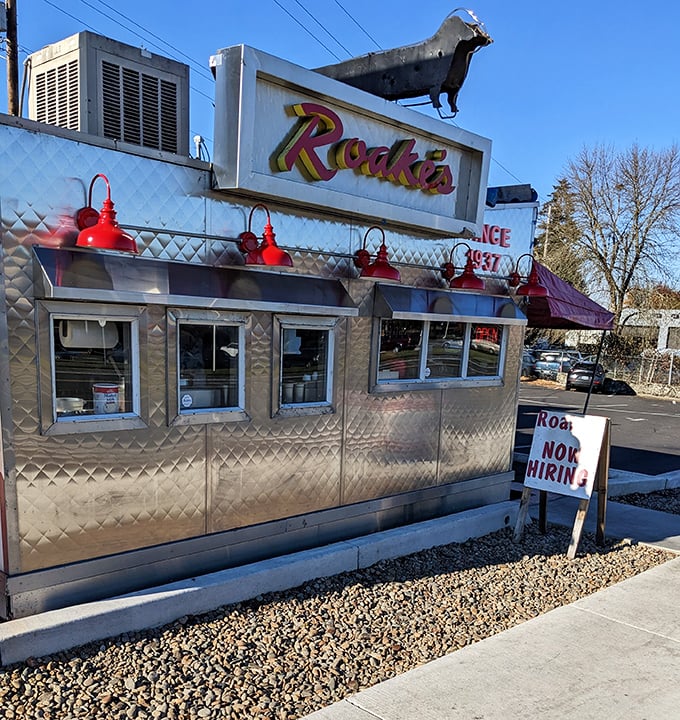 Roake's: The diamond-patterned stainless steel exterior shines like a beacon of hope for the desperately hungry seeking old-school hot dog satisfaction.