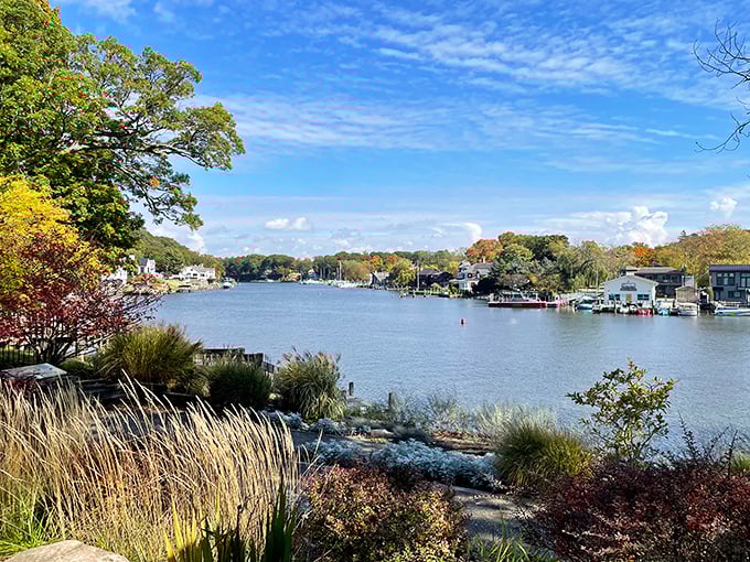 Saugatuck's waterfront homes and boats create a perfect reflection on the Kalamazoo River. Like looking at the town through a mirror made of glass.